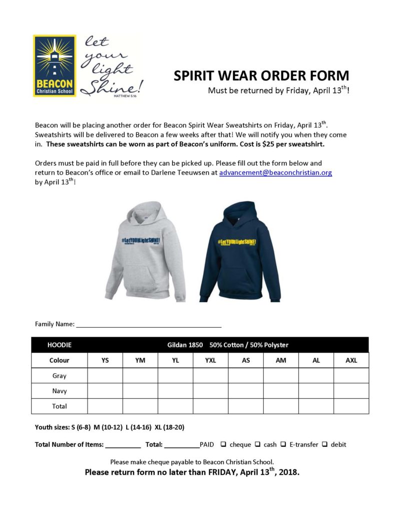 Spirit Wear Order – April 2018 | Beacon Christian School
